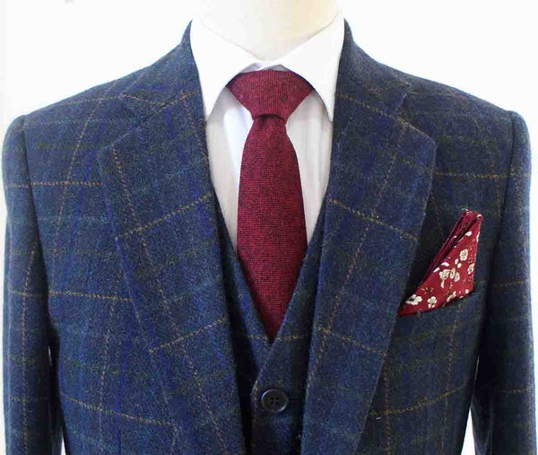 Blue Beige Windowpane Check Tweed 3 Piece Suit | BDtailormade