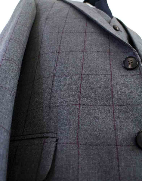 GREY RED WINDOWPANE WORSTED 3 PIECE SUIT | BDtailormade